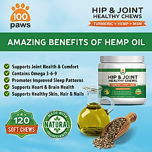 100 Paws Hip & Joint Supplement for Dogs - Hemp Oil Infused Soft Chews Dog Treats w/Glucosamine, Turmeric, Chondroitin, MSM & Omega 3 6 9 -Supports Pet Mobility & Pain Relief-120 Treat Bites