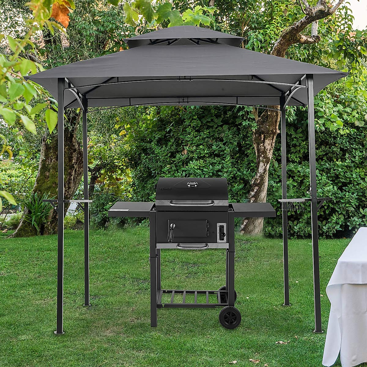 Gazebo Beach Canopy Outdoor Grill Gazebo 8 x 5 Ft, Shelter Tent, Double Tier Soft Top Canopy and Steel Frame with Hook and Bar Counters, Grey