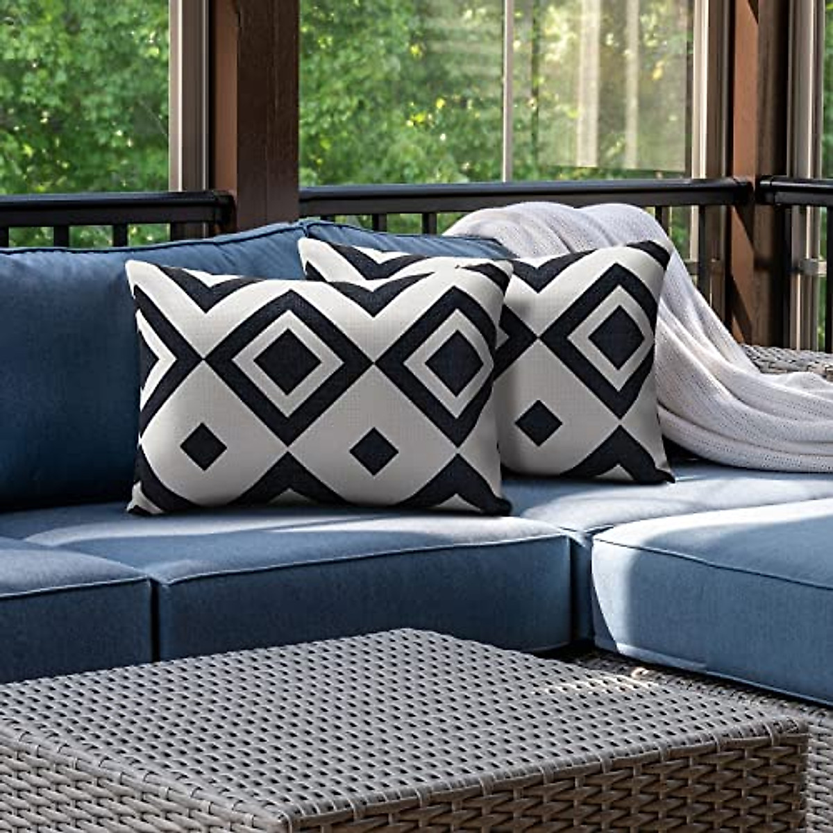 2 Pack Outdoor Lumbar Pillow Chair Head Resting Pillow Black White Chaise Lounge Throw Pillows 16 x 11 Inch Resistant Cushion Cases for Home Balcony Garden Couch (Stripe Style)