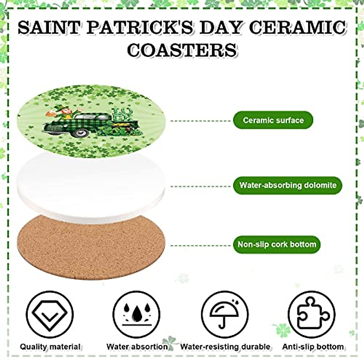 Whaline St. Patrick's Day Coaster 4Pcs Watercolor Green Lucky Shamrock Truck Hat Drink Coaster Irish Ceramic Coaster Cup Mat for Mugs Cups Home Kitchen Party Supplies, 4.1 x 4.1 x 0.3 Inch