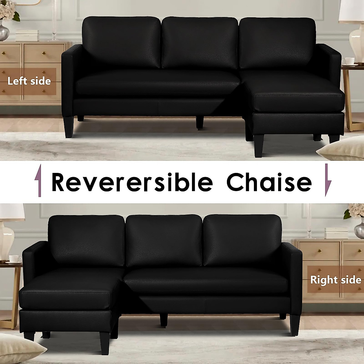 MAGIC UNION PU Leather Convertible Sectional Couch Sofa, Grey L-Shape Sectional Sofa with Chaise Reversible, 3-Seat Modern Linen Fabric Small Couches for Living Room (Black)