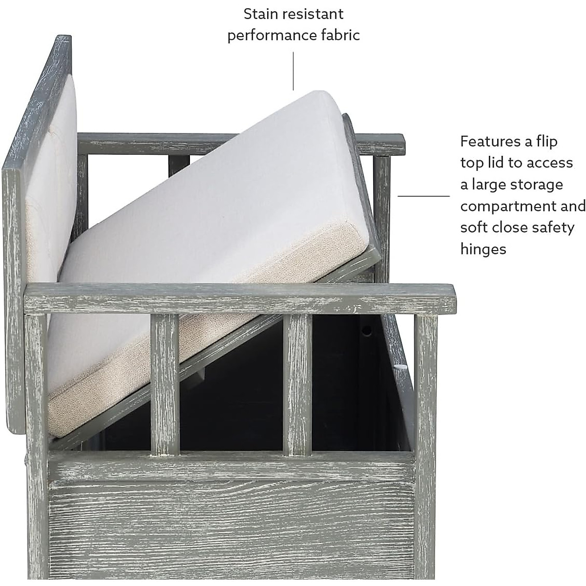 Linon Weathered Grey Carlton Storage Bench with Beige Upholstered Back and Cushioned Seat