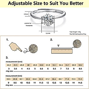 Letalong 1CT Adjustable Moissanite Rings for Women, S925 Sterling Silver 6 Prong Moissanite Engagement Ring