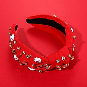 Women's Sport Headband with Baseball Charms, Crystal Jeweled Embellished Wide Top Knot Headpiece, Game Day Accessory and Funny Gift for Ladies Girl Fans (RED)