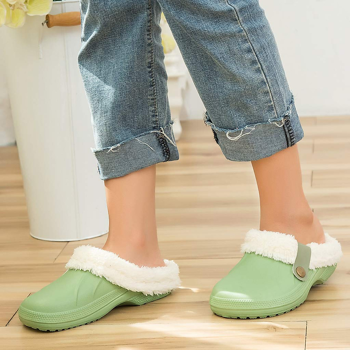 TooTu Waterproof Slippers Women Men Plush Lined Clogs Winter Garden Shoes Warm House Slippers Indoor Outdoor Green