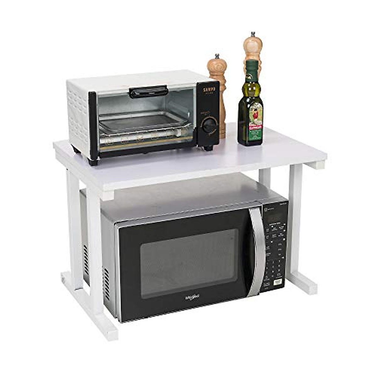 Farios Wooden Microwave Oven Rack, 2-Tier Kitchen Counter Shelf, Kitchen Space Saving Organizer, Two Layers Counter Top Organizer for Printers on Desk, Microwave Shelf Stand - White