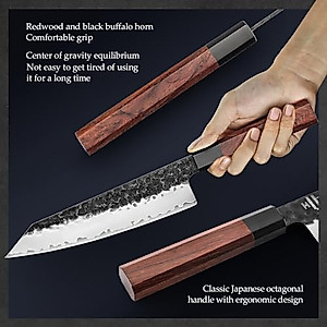 HEZHEN- 8.5” Chef Knife, 3 Layers High Carbon Clad Steel Kiritsuke Knife, Composite Forging Steel, Professional Japanese Kitchen Knife, Redwood Octagonal Handle With Wooden Knife Sheath