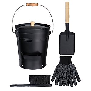 vensovo 2.5 Gallon Ash Bucket with Lid - Shovel, Broom, and Gloves, Heavy Duty Galvanized Iron, Fire-Resistant, Black Finish Perfect for Fireplaces, Fire Pits, Wood-Burning Stoves, and Grills