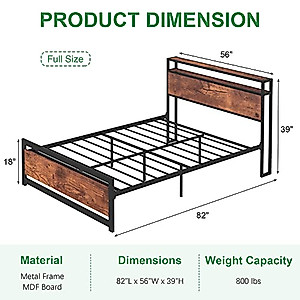 Osfvolr Full Size Bed Frame, Industrial Metal Platform Bed Frame with 2 Tier Storage Wooden Headboard and Footboard, Large Under Bed Storage, No Box Spring Needed, Easy Assembly, Vintage Brown