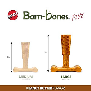 SPOT Bam-Bones Plus T Bone - Bamboo Fiber & Nylon, Durable Long Lasting Dog Chew for Aggressive Chewers – Toy for Dogs & Puppies Under 90lbs, Non-Splintering, 7in, Allergen Free Peanut Butter Flavor