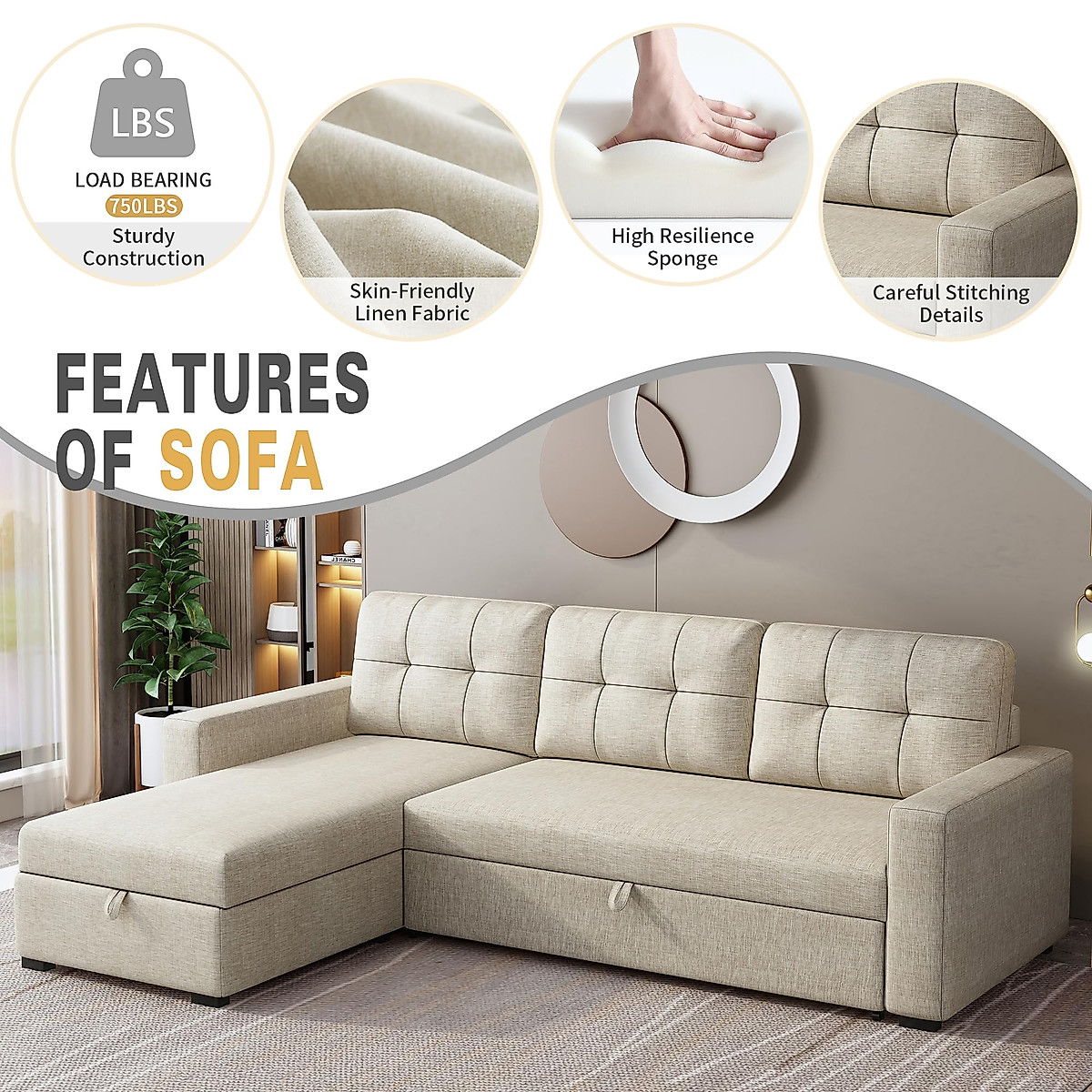 Ball & Cast 81.5“ Convertible Sectional Sleeper Sofa, Upholstered L Shaped Pull Out Couch Sofa-Bed with Storage Recliner & Removable Back Cushions for Living Room Bedroom Office Apartment, Beige