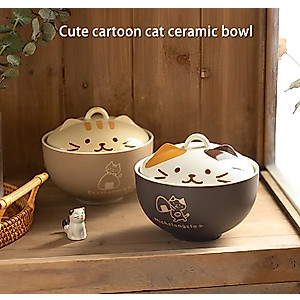 Japanese Style Ceramic Soup Bowls with Lids Ramen Bowl Cute Kitten Design for Mixing Salad, Noodle, Instant Noodles, Ramen Cooker, Kitchen Oven, Microwave Safe Bowl Cat Gifts for Cat Lovers (khaki)