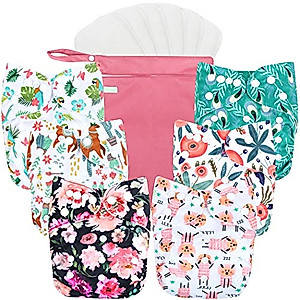 wegreeco Washable Reusable Baby Cloth Pocket Diapers 6 Pack + 6 Bamboo Inserts (with 1 Wet Bag, Flower)