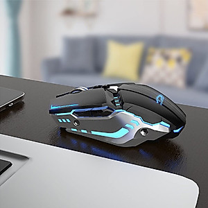 TENMOS T12 Wireless Gaming Mouse Rechargeable, 2.4G Silent Optical Wireless Computer Mice with Changeable LED Light for Laptop PC, 7 Buttons (Black)