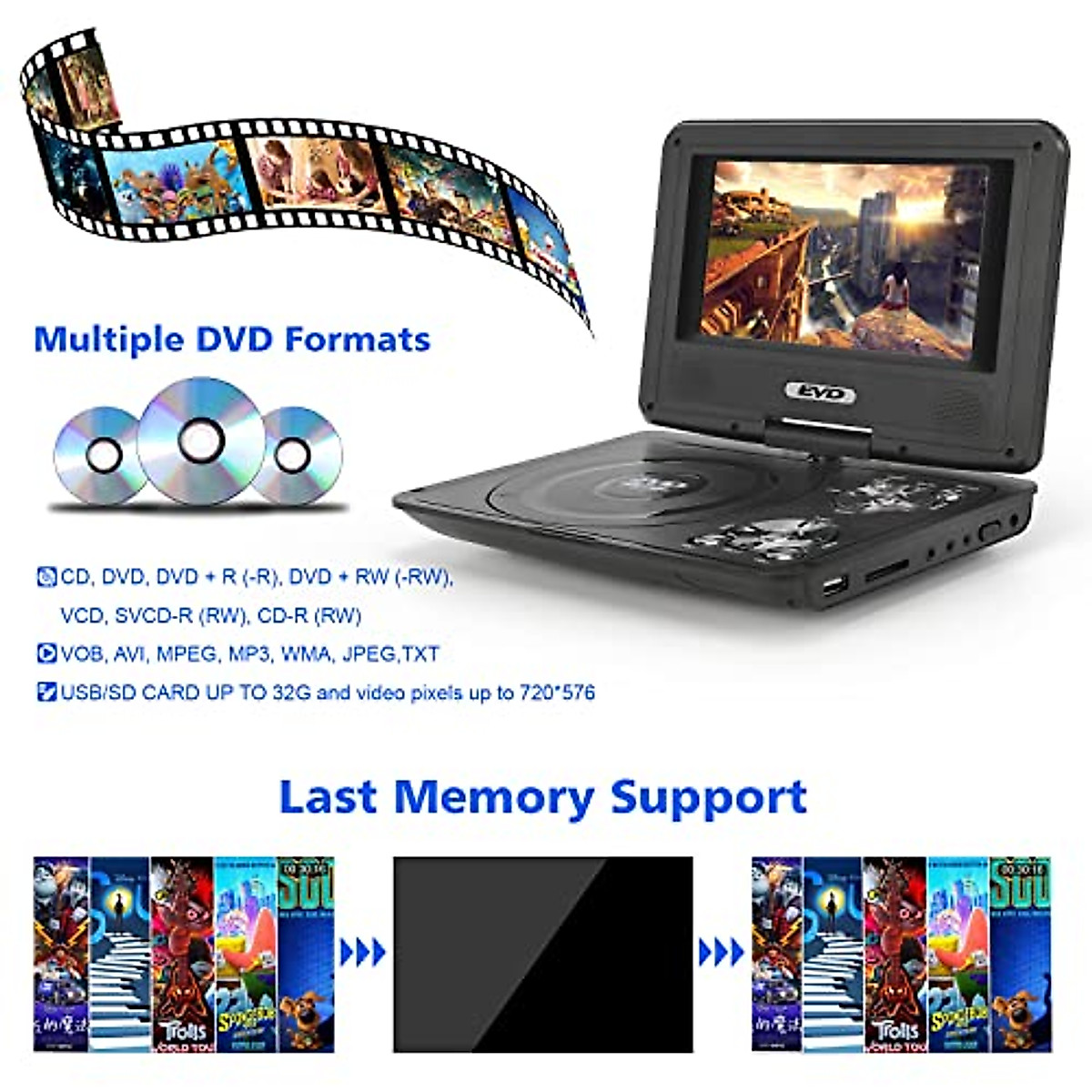 SQQBZZ 7" Portable DVD Player for Kids and Car, Support DVD/VCD/SD Card/USB, Remote Control, Car Charger, Power Adaptor (Black)