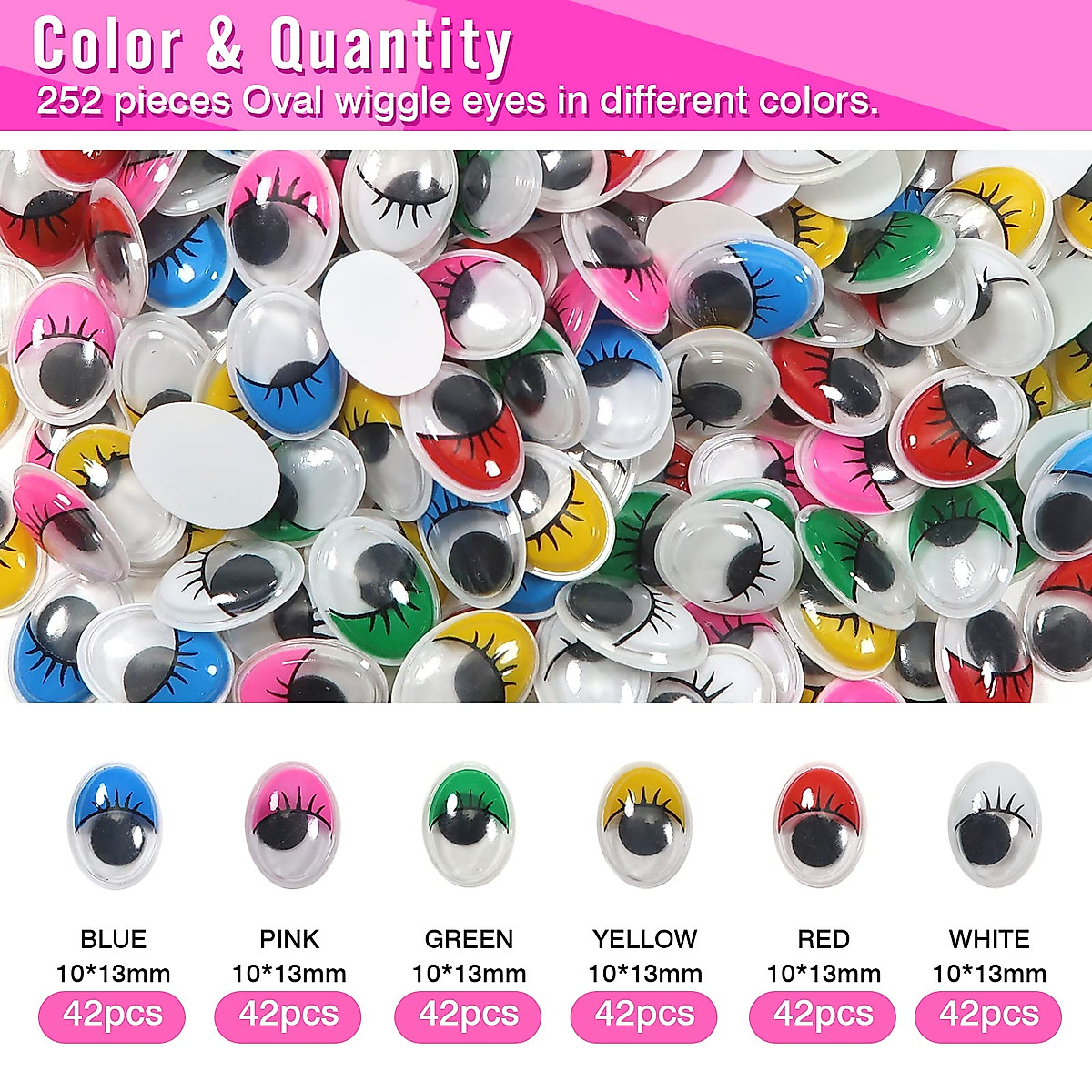 TOAOB 252pcs Wiggle Googly Eyes Self Adhesive with Eyelashes Oval Assorted Colors 10x13mm Craft Eyes Plastic Sticker Eyes for DIY Crafts Scrapbooking Decoration