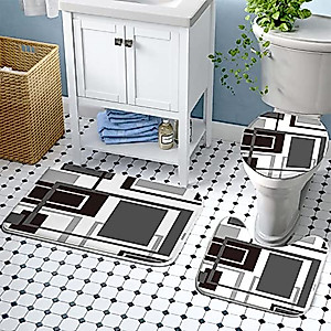 KINUUIS 4PC Dark Grey Bathroom Shower Curtain Sets Modern Minimalist Art Bathroom Sets Light Gray and Black Bathroom Sets with Rugs and Accessories Geometric Shower Curtain for Bathroom Decoration