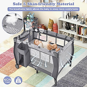 INFANS 3 in 1 Pack and Play, Portable Travel Baby Crib Bassinet with Detachable Mattress, Newborn Changing Table, Foldable Playpen with Carry Bag and 2 Wheels (Classic)