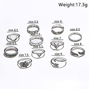 Jumwrit Bohemian Knuckle Rings Set Vintage Finger Rings Set Midi Rings Love Heart Ring Index Rings Silver Band Ring Stackable Rings for Women（11PCS）