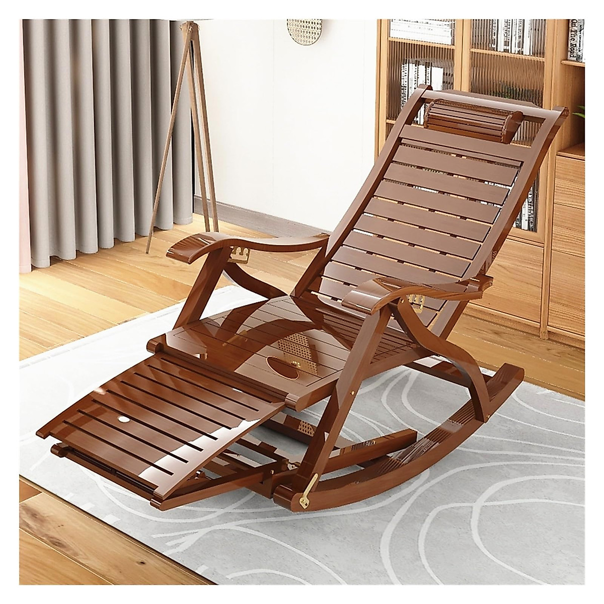 Wooden Rocking Chair Armchair for Heavy Duty Adults,Indoor Bamboo Chair Leisure Relax Chair Rocker with Cushions,Foldable Reclining Lounger Chair with Foot Massage Board (Color : Without pad)