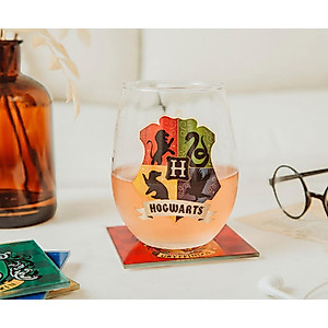 Silver Buffalo Harry Potter Hogwarts Crest 20-Ounce Stemless Wine Glass | Wizarding World Tumbler Cup For Mimosas, Cocktails