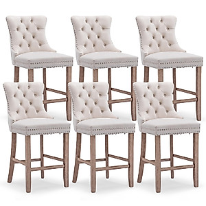 SoarFlash Modern Velvet Upholstered Bar Stools Set of 6 with Wood Legs, Button Tufted,Chrome Nailhead, Counterstool Seat, Armless Bar Chairs (Beige)