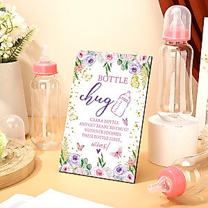 Sherr Butterfly Cool Baby Shower Games Bottle Chug Sign Wooden Butterfly Baby Gift Sets Gender Reveal Party Favors and 12 Pcs Baby Bottle Shower Favor Baby Bottles for Baby Shower Games Gender Reveal