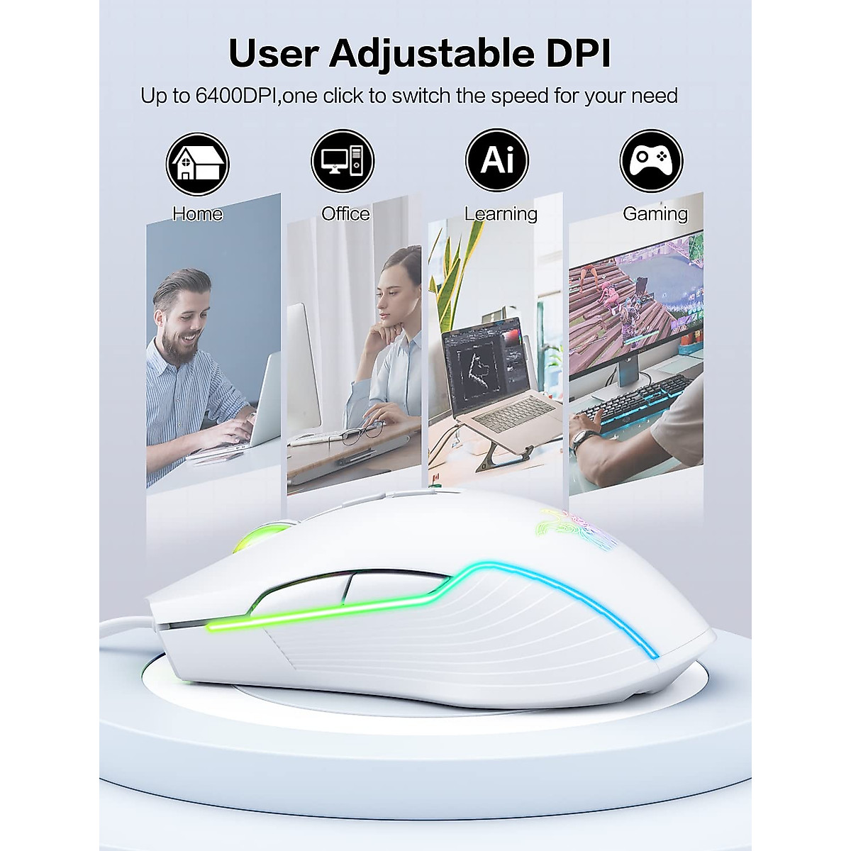 PHNIXGAM Wired Gaming Mouse, Ergonomic RGB Computer Mouse with RGB Backlight, Adjustable DPI UP to 6400, 7 Programmable Buttons for Windows Vista Linux (White)