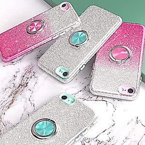 PeeTep iPhone SE 2020 Case,iPhone SE 3 Case Glitter for Girls,iPhone 8 Case,iPhone 7 Case,Slim Sparkly Case with 360°Ring Holder Kickstand Magnetic Car Mount Shock-Absorbent Durable Cover, Pink