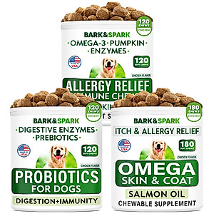 Allergy Relief + Omega 3 + Probiotics & Digestive Enzymes Bundle - Anti-Itch Skin & Coat + Joint Health + Pet Diarrhea Gas Treatment - Fish Oil + EPA & DHA Fatty Acids - 420 Chews - Made in USA