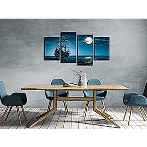 Pyradecor Night Navigation 4 Piece Modern Stretched and Framed Seascape Artwork Giclee Canvas Prints Moon Pictures Paintings on Canvas Wall Art for Living Room Bedroom Home Decorations