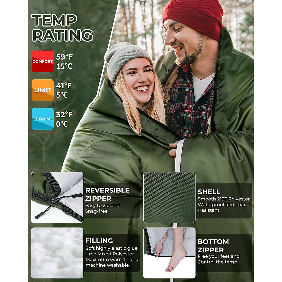 Ohuhu Double Sleeping Bag with 2 Pillows, Waterproof Lightweight 2 Person Adults Sleeping Bag for Camping, Backpacking, Hiking, with Carrying Bag (Green)