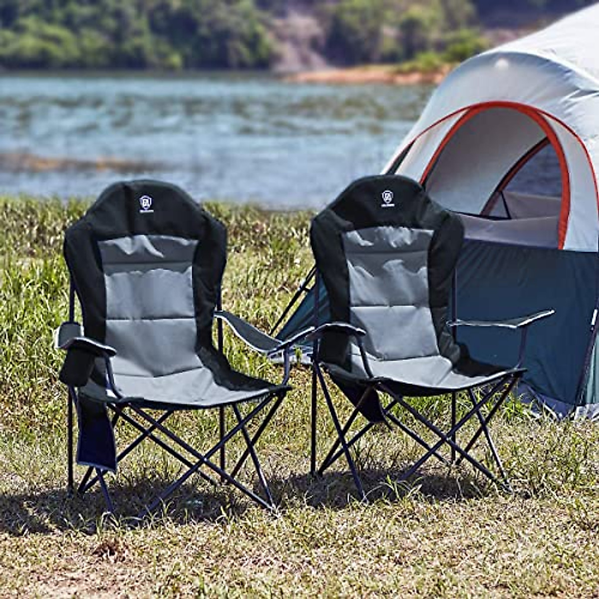 EVER ADVANCED Folding Camping Chair for Outside with High Back Padded Oversized Lawn Chairs Folding Lightweight Sturdy Steel Portable Outdoor Camp Chair for Adults