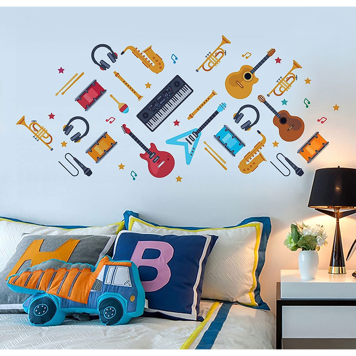 Music Instruments Decor Wall Decals for School Classroom,Guitar Drum Oboe Bass Decor Wall Stickers for Kids Room, Remove Vinyl Wallpaper Mural for Nursery