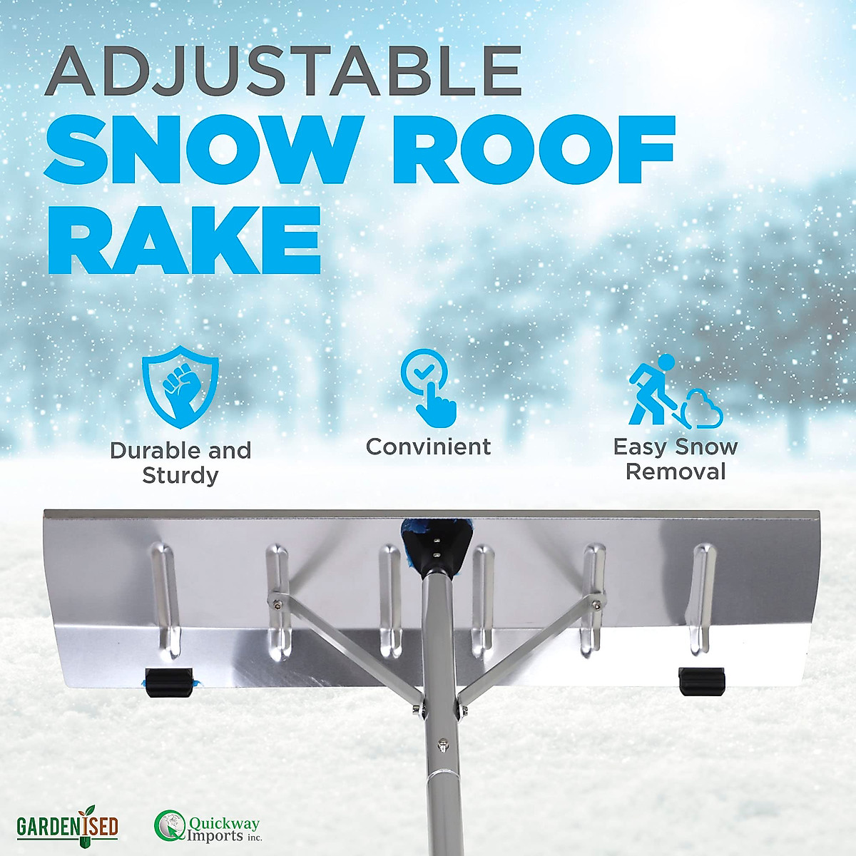 Quickway Imports Snow Rake Shovel | Aluminum Snow & Leaf Removal Tool & Pusher Scraper for House Roof & Car with 24” Rolling Blade, Lightweight 5-21’ Telescoping Extendable Handle & Nonslip Grip,Gray