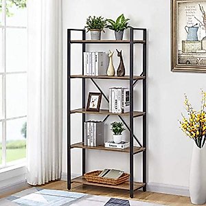 FATORRI 5 Tier Industrial Bookshelf, Rustic Etagere Bookcase for Display, Vintage Shelving Unit Wood and Metal Book Shelves for Home Office ( Rustic Oak)