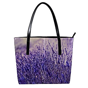 Beautiful Provence Lavender Pattern Leather Tote Shoulder Bag for Women Satchel Handbag