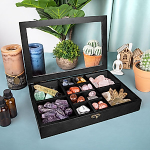 Mooncraftlogy Adjustable Rock Display Case, Crystal Collection Box with Shelves, Wood Witchy Stones Organizer Storage,Gem Holder with Lid for Seashell, Collectibles, Wiccan Gift for Women (Black)