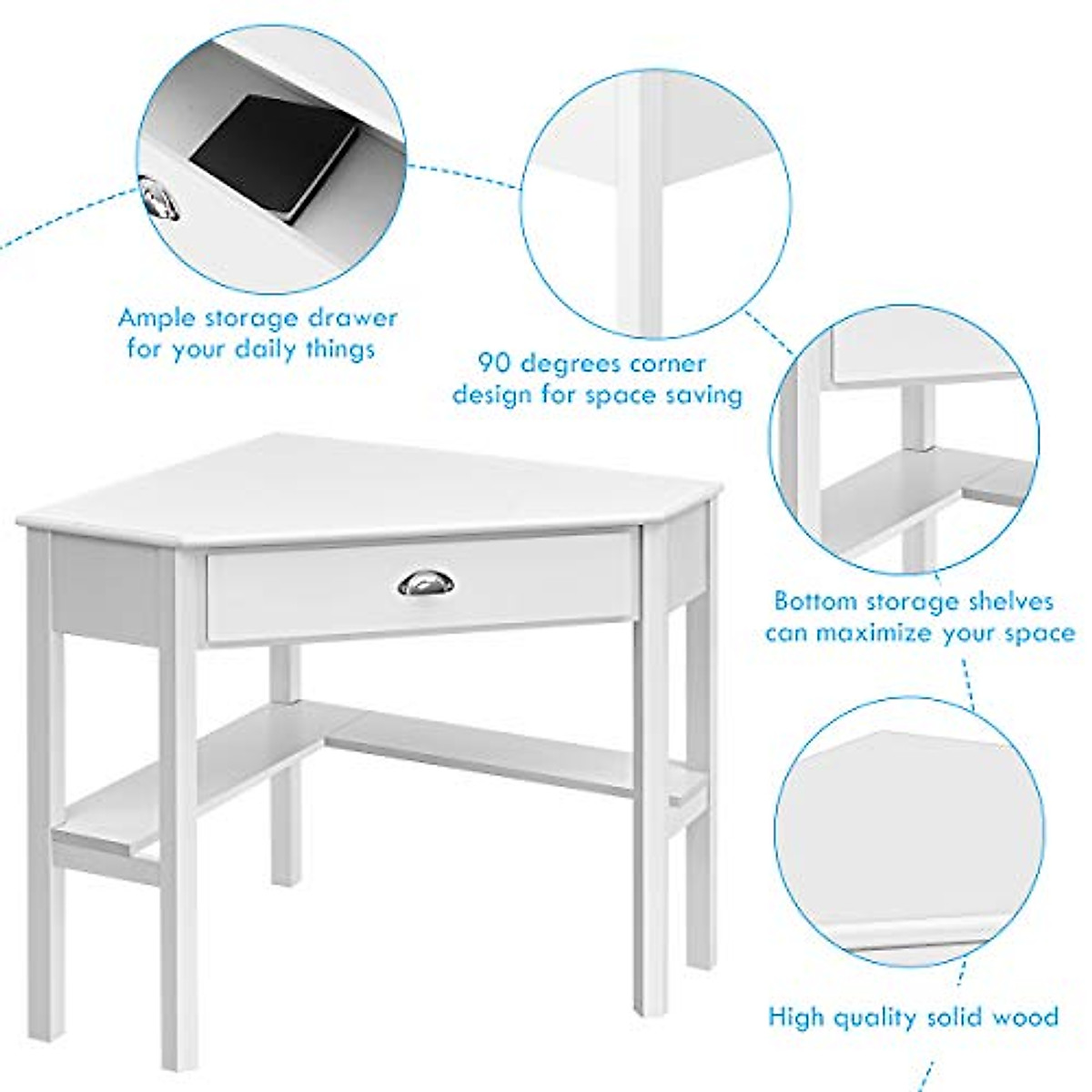 Tangkula White Corner Desk, Corner Computer Desk with Drawer for Small Space, Small Corner Makeup Vanity Desk, 90 Degrees Triangle Corner Desk with Storage Shelves