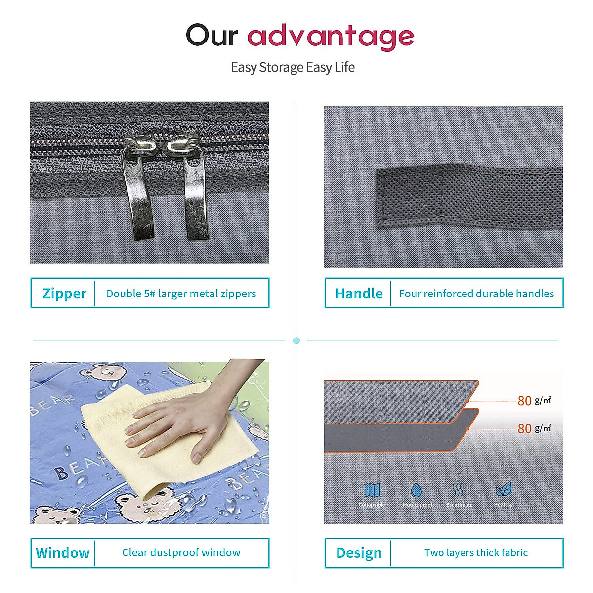 Onlyeasy Foldable Underbed Bags - 2 Pack Blankets Clothes Comforters Storage Bag Breathable Zippered Organizer for Bedroom with Clear Window and 4 Handles, 39.4x19.7x5.9 in, Linen-like Grey, MXDUBBP2