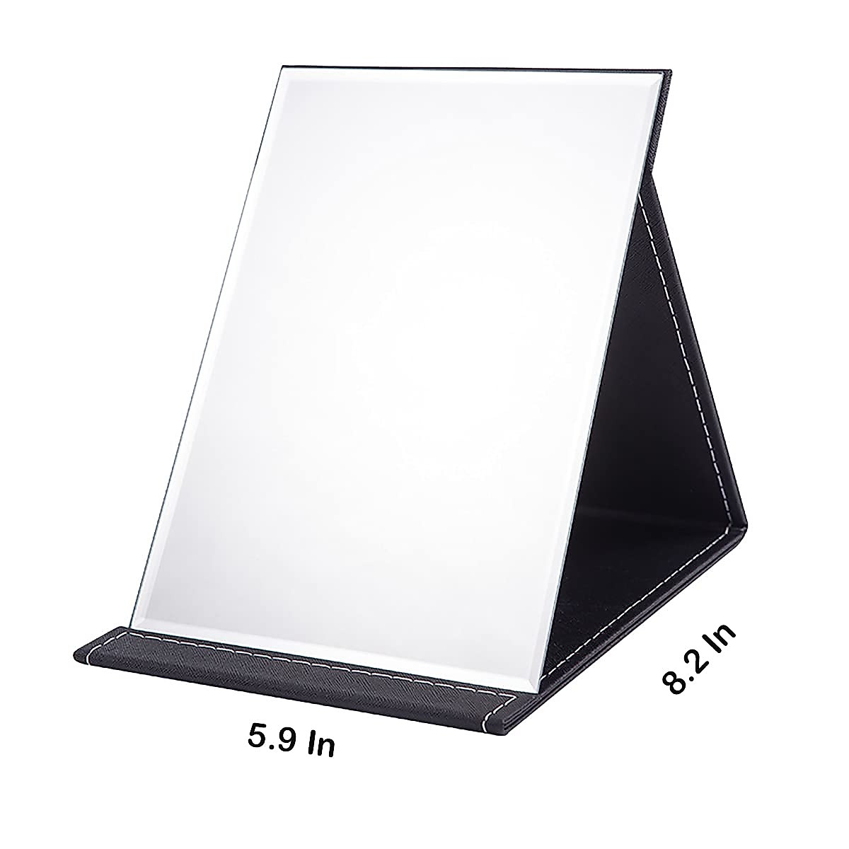 PSG.LGD Makeup Mirror,Portable Folding Mirror with Adjustable Stand for Tabletop,PU Leather,Perfect Size for Camping,Vocation,Home Vanity and Office Desk,Black