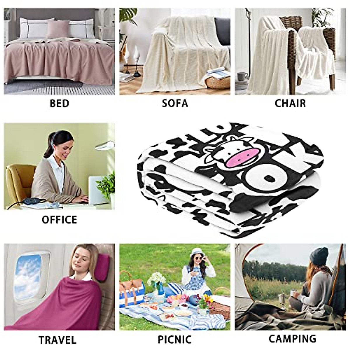 CusFuk Cute Cow Throw Blankets All Season Bed Blanket Decorative Home Farm Decor Gift Blanket 50x60 Inch with Socks for Girls Women Black-cow 50 inch x60 inch