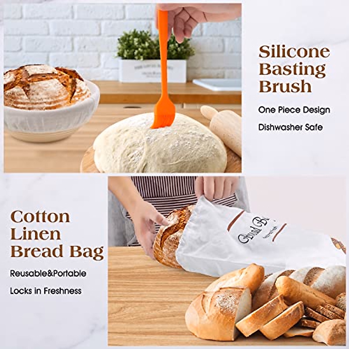 Sourdough bread baking supplies,Sourdough Starter Kit,10 inch Oval & 9 inch Round Banneton Bread Proofing Basket with Linen Liner, sourdough bread essentials tools,Round and Oval Silicone Bread Sling