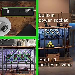 ZOPEND Wine Cabinet Coffee Table with Power Socket and LED Light, Three Tiers Coffee Bar Table Wine Rack Liqour Bar with Large Storage for Home Kitchen (Retro Brown)