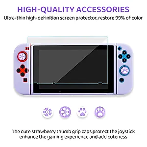 FANPL Case bundle for Nintendo Switch Accessories, Carrying Case for Switch and Joy Con Controller with Soft TPU Protective Cover and Screen protector, 4 Thumb Grips, Shoulder Strap - Purple