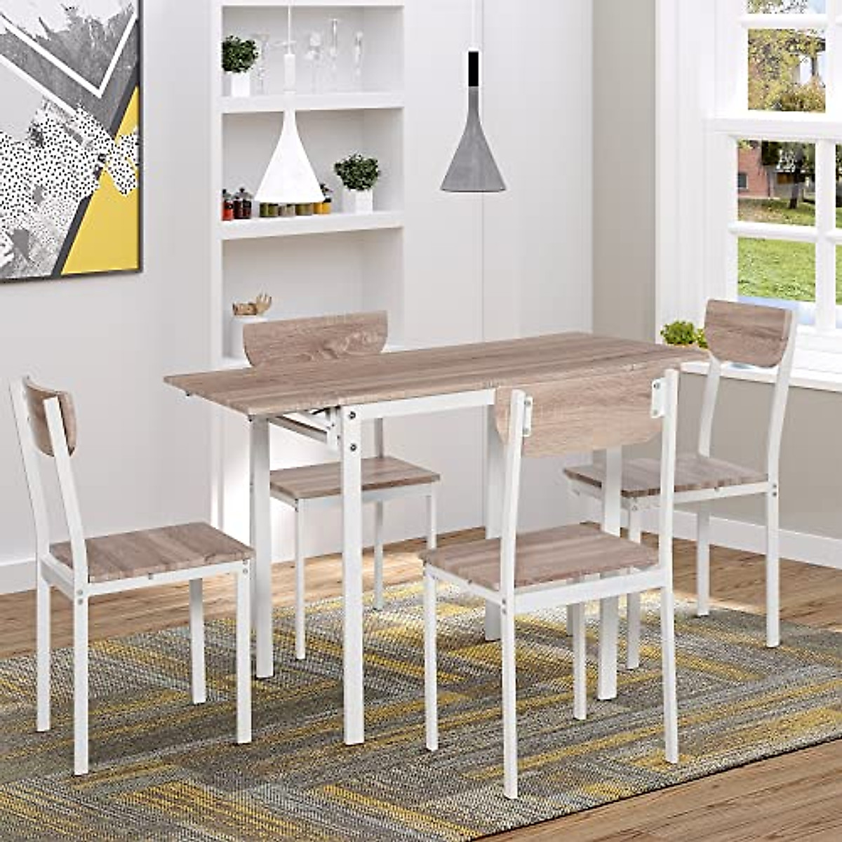 HOMCOM Modern 5-Piece Dining Table Set for 4 with Foldable Drop Leaf, 4 Chairs, and Metal Frame for Small Spaces, White