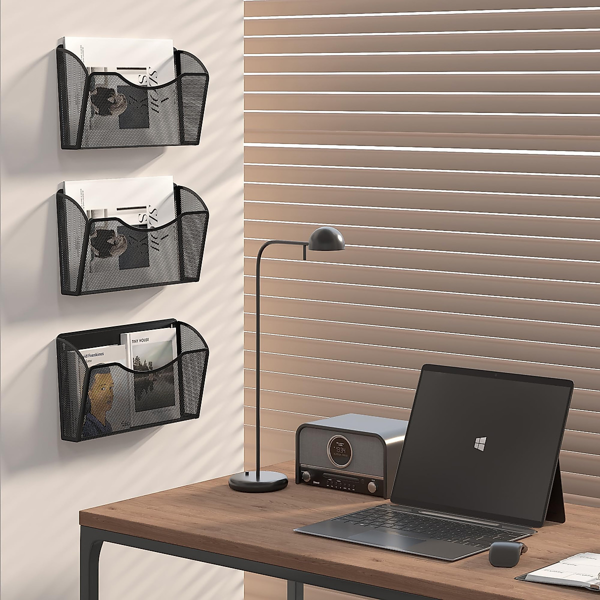 EasyPAG Hanging File Organizer Mesh 3 Single Pockets Wall File Holder Office Document Magazine Folder Rack ,Black