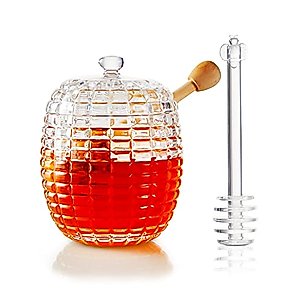 Ahoo Glass Honey Jar,Dispenser Honey Pot Containers with Wooden Dipper Stick Set and Lid,Storage Honey Holder Bottle
