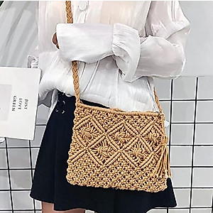 Meyaus Women Small Fringed Cotton Crochet Cross-body Shoulder Bag Bohemian Beach Travel Purse