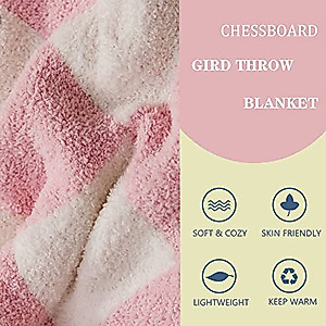 Throw Blankets Barefoot Checkerboard Gingham Warm Cozy Microfiber Reversible for Home Decor Bed Couch-Machine Washable (Light Pink,51"x63")
